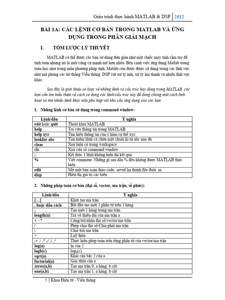 Lab 1a - Ly Thuyet Matlab | PDF