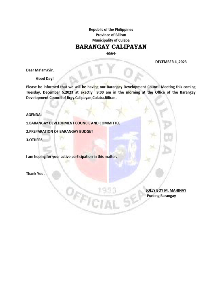 Barangay Calipayan Meeting Notice | PDF