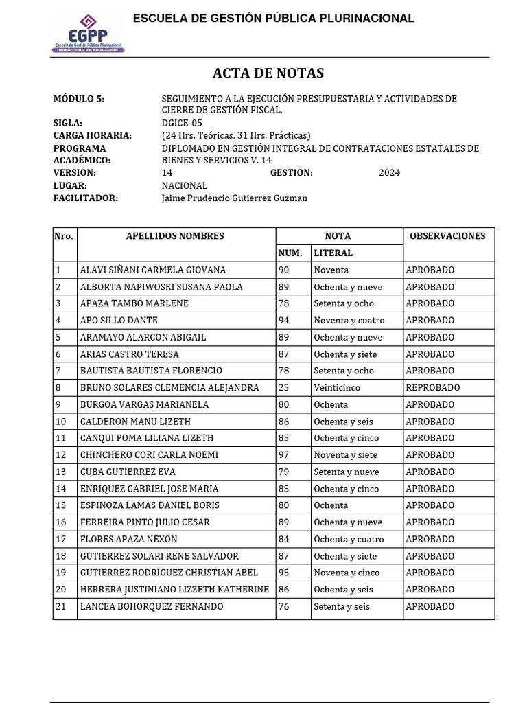 Acta de Notas: Escuela de Gestión Pública Plurinacional | PDF