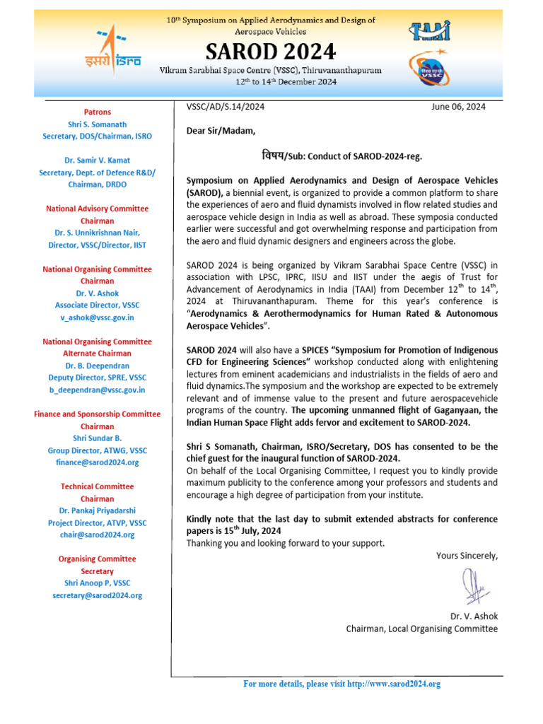 SAROD 2024 VSSC Invitation Letter | PDF | Aerospace | Spaceflight