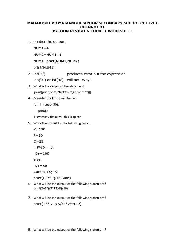 Python Revision Tour 1 Worksheet Pdf Computer Programming Computer Engineering