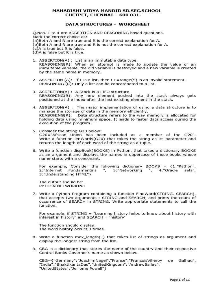 Data Structures Worksheet | Download Free PDF | Parameter (Computer Programming) | Computing