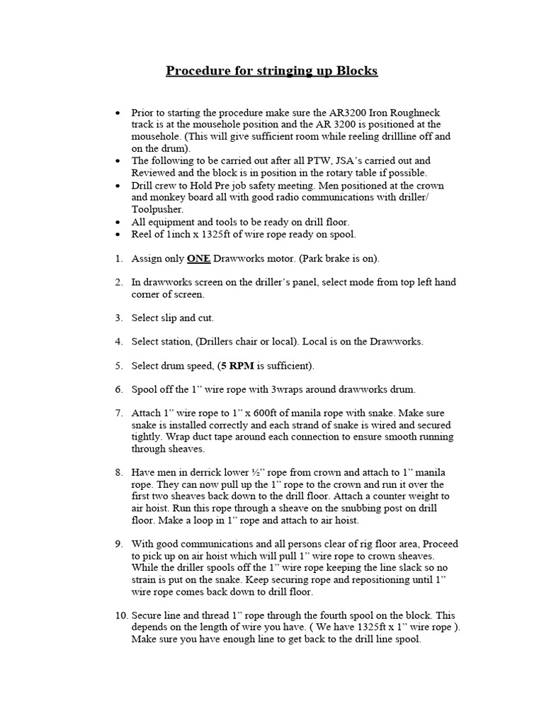 Procedure For Stringing Blocks | PDF | Wire | Drill