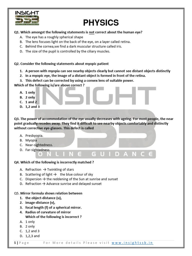 Human Eye and Optical Physics Quiz | PDF | Nuclear Reaction | Radiation