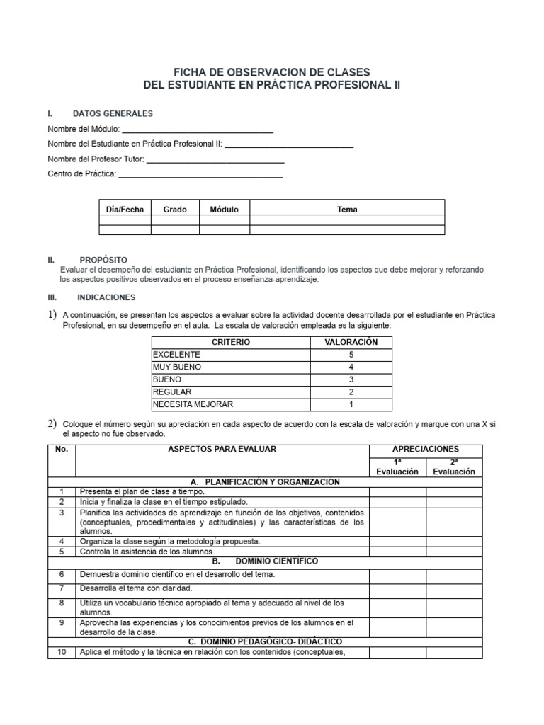 Ficha de Observacion de Clases | PDF | Evaluación | Maestros
