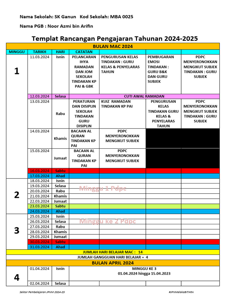 Template Takwim Persekolahan 2024-2025 SK GANUN | PDF