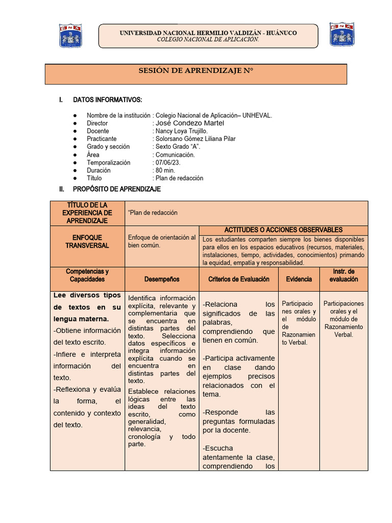 SESIÒN DE APRENDIZAJE - PLAN DE REDACCIÒN LILIANA | Descargar gratis PDF | Aprendizaje | Cognición