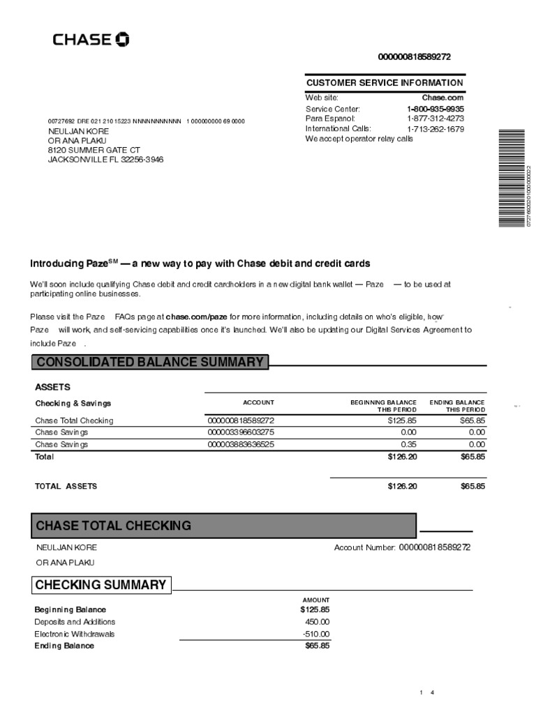 Chase Account Statement Summary | PDF | Overdraft | Fee