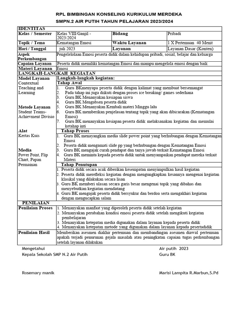 RPL BIMBINGAN KONSELING KURIKULUM MERDEKA 2023 Kelas 8 | PDF