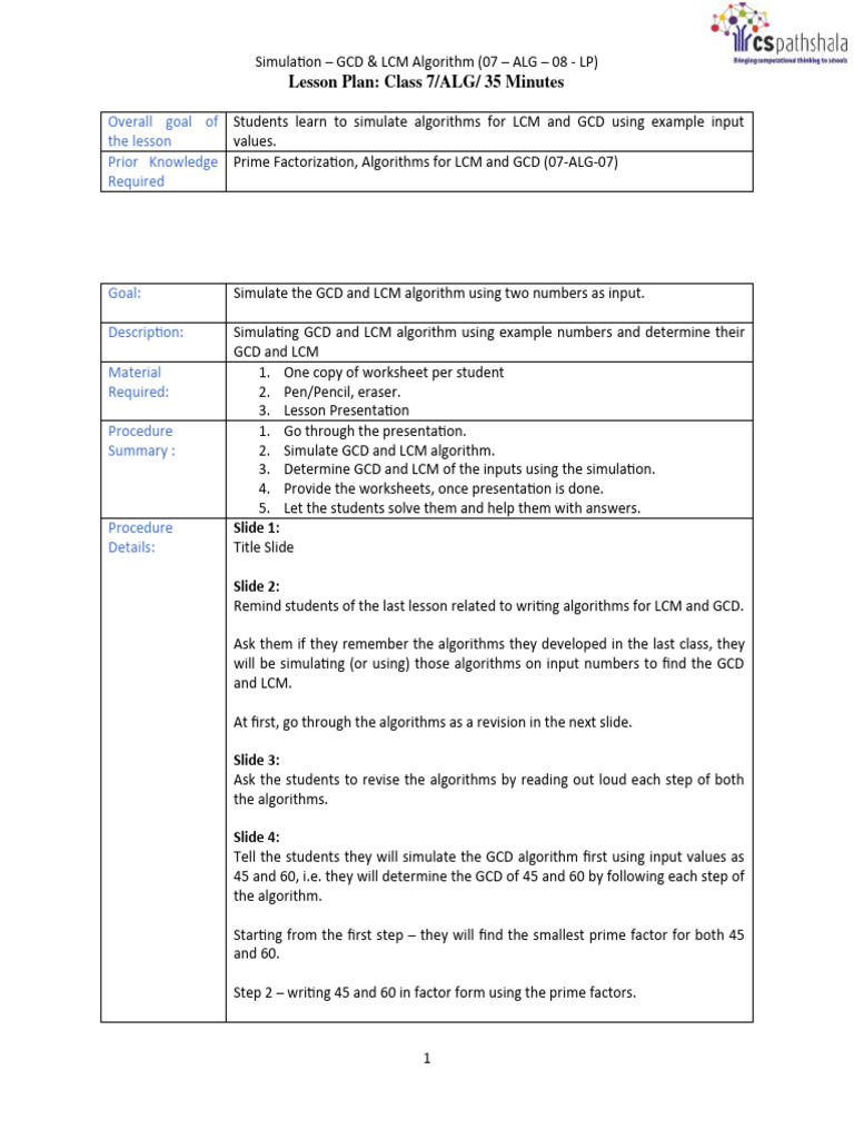 07 Alg 08 Simulation Lcm Hcf Algorithm Lp Pdf Algorithms Number Theory