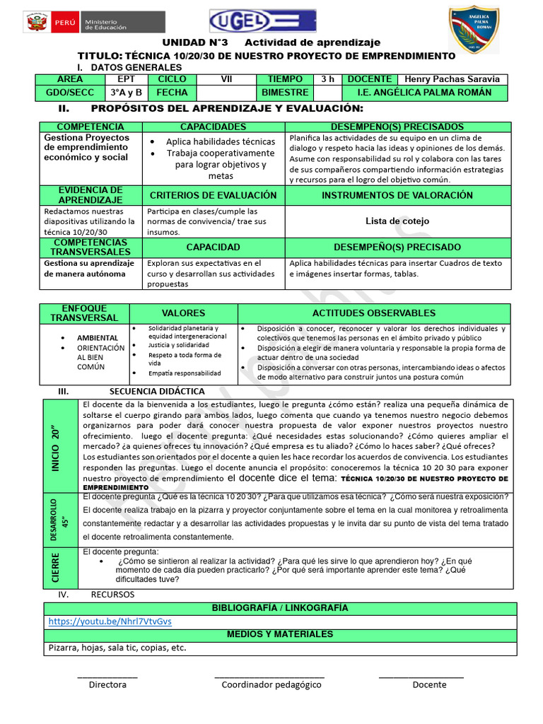 SESION Tecnica 10 20 30 EPT Cel. 980265157 | PDF | Evaluación | Aprendizaje