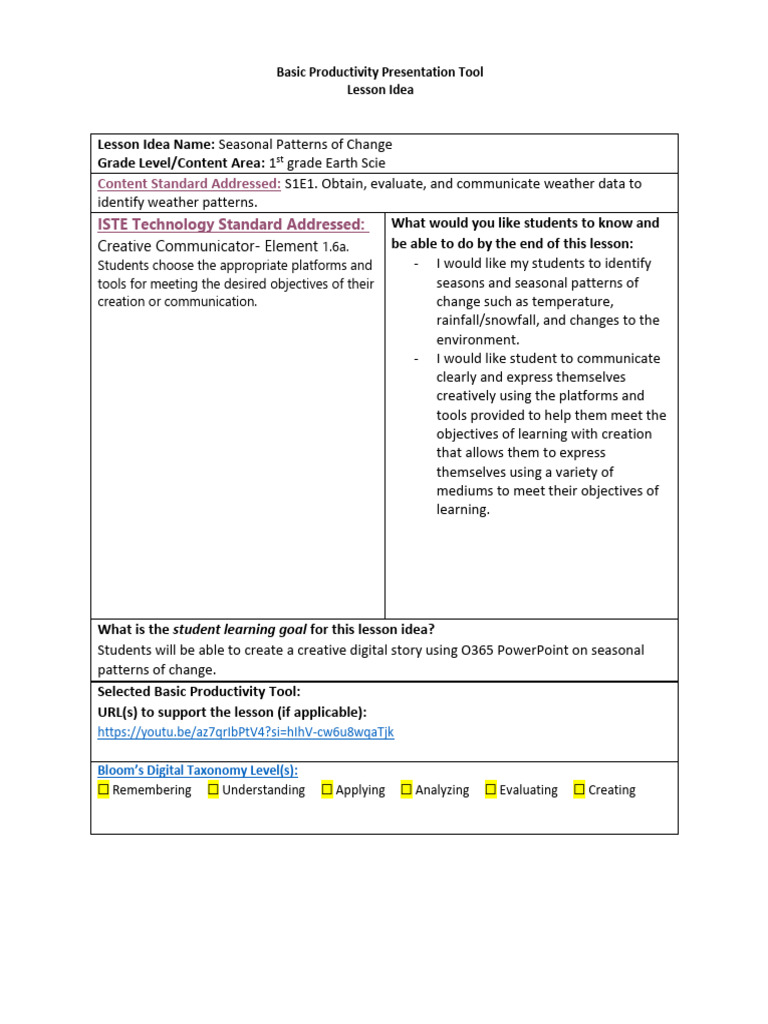 BPTs Basic Productivity Tools LESSON IDEA Template | PDF | Learning | Teachers