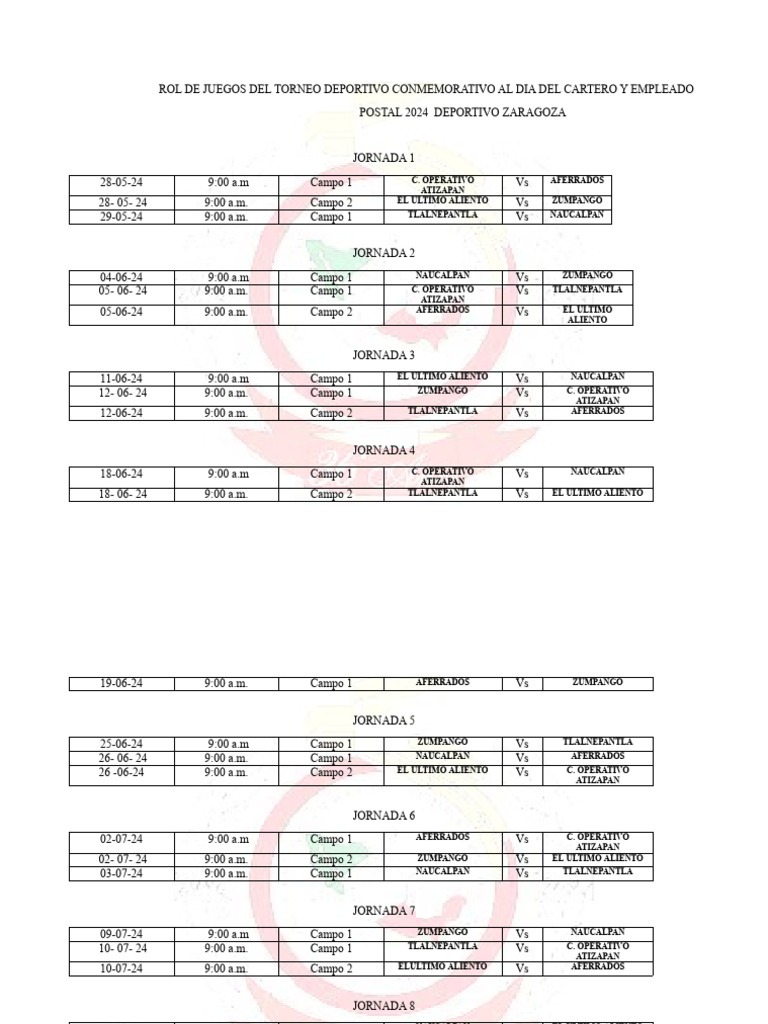 4.-Rol de Juegos Del Torneo Deportivo Conmemorativo Al Dia Del Cartero y Empleado Postal 2024 | PDF