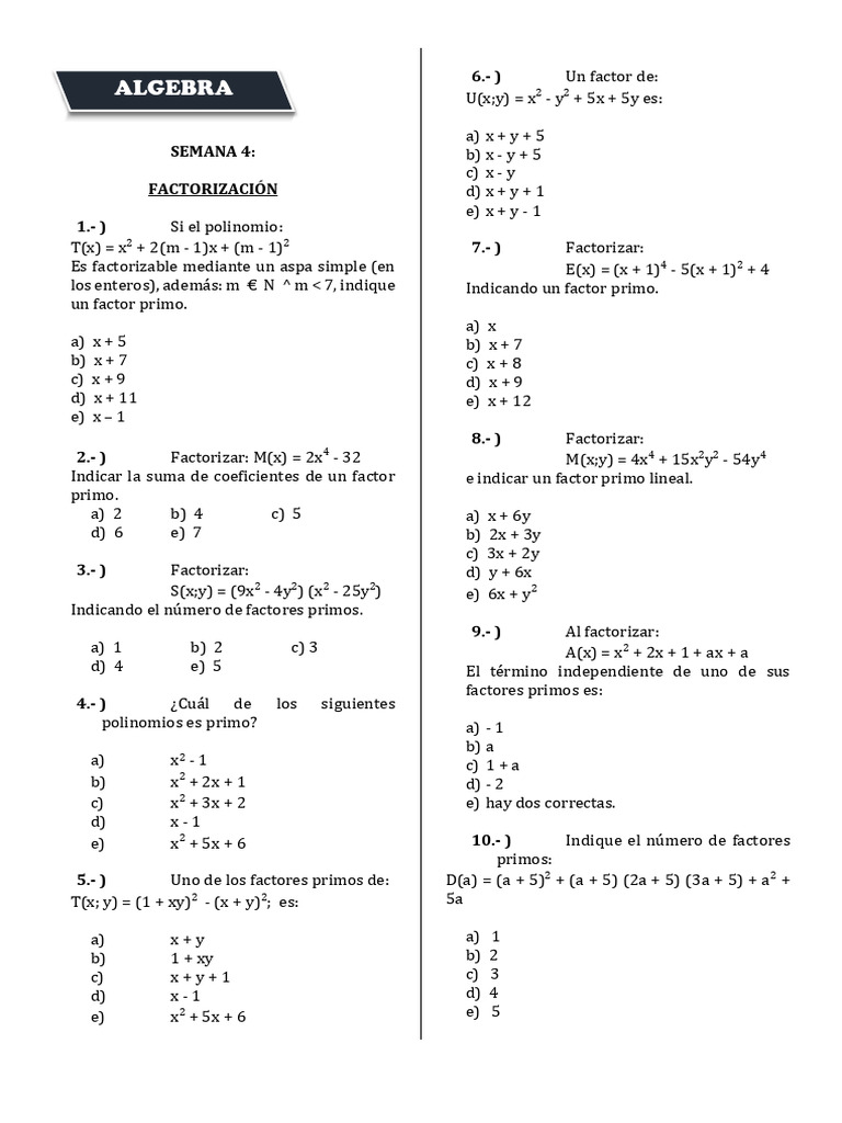 4ta CUARTA - semana - FACTORIZACIÓN | Descargar gratis PDF ...