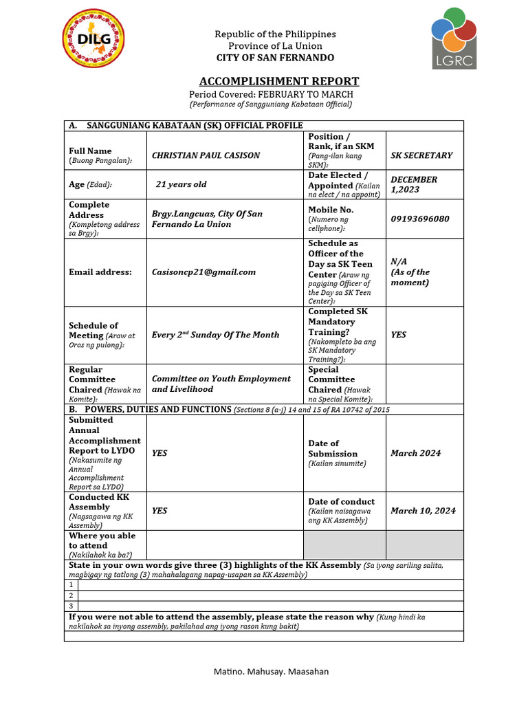 Accomplishment Report SK KagawadAmbrocio March | PDF
