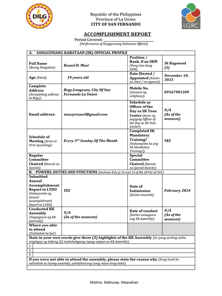 Accomplishment Report SK KagawadRussel | PDF