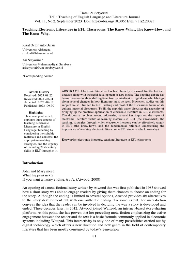 Teaching E-Literature in EFL Classrooms | PDF | English As A Second Or ...