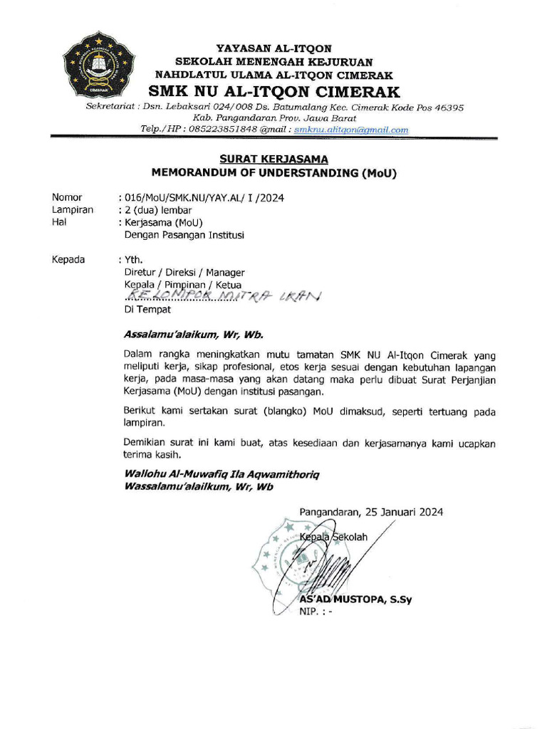 MoU SMK Dengan Pokdakan Mitra Ikan | PDF