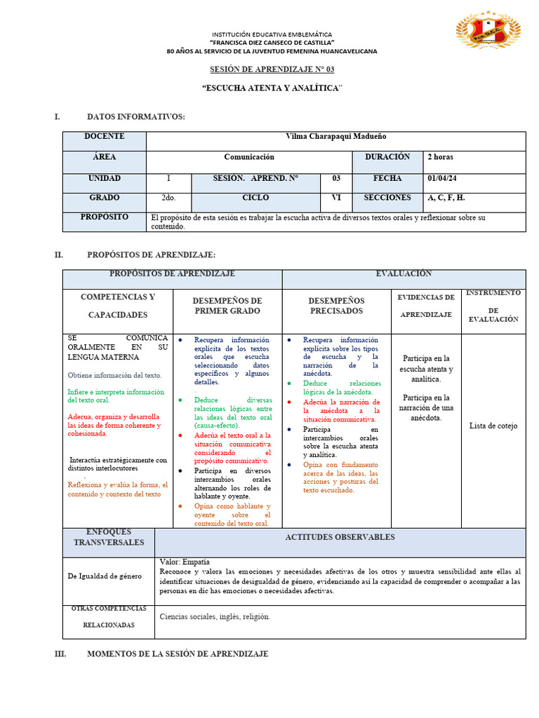 SESIÓN DE APRENDIZAJE 3escucha Atenta | PDF | Maestros | Aprendizaje