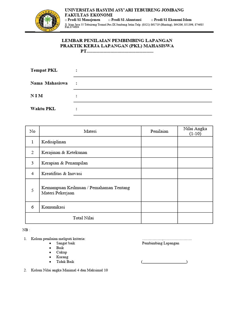 FORM PKL MAHASISWA (Nilai Perush+angket) | PDF