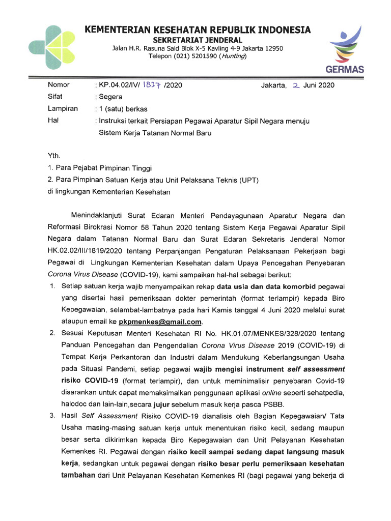 Surat Sekjen Tentang Instruksi Persiapan ASN Menuju Sistem Kerja Tatanan Normal Baru | PDF