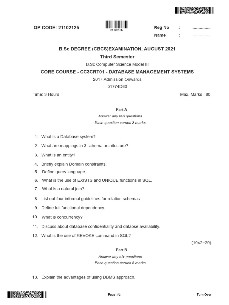 Dbms Aug 2021 | PDF | Databases | Sql