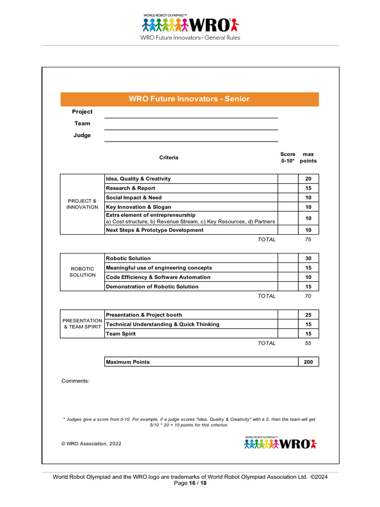 WRO'24-Future-Innovators-Senior Scoresheet | PDF | Innovation | Business