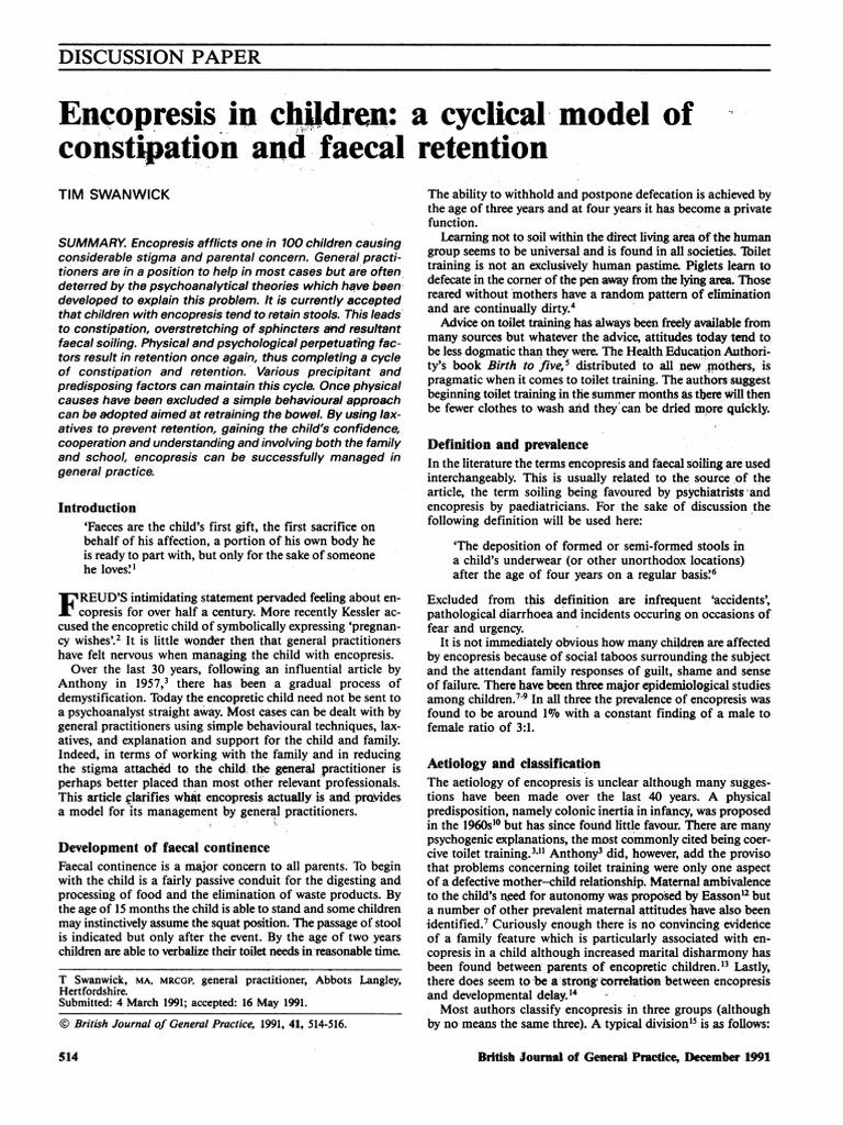 Encopresis in Children: A Cyclical Model of Constipation and Faecal ...