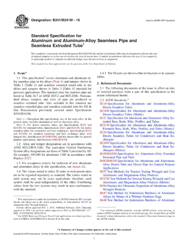 ASTM B241B241M 16 Standard Specification For Aluminum and Aluminum Alloy Seamless Pipe and ...