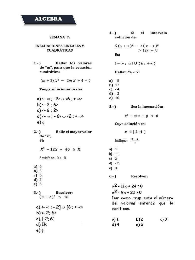 7ma Septima - Semana - Inecuaciones Lineales y Cuadráticas PDF | Descargar gratis PDF ...