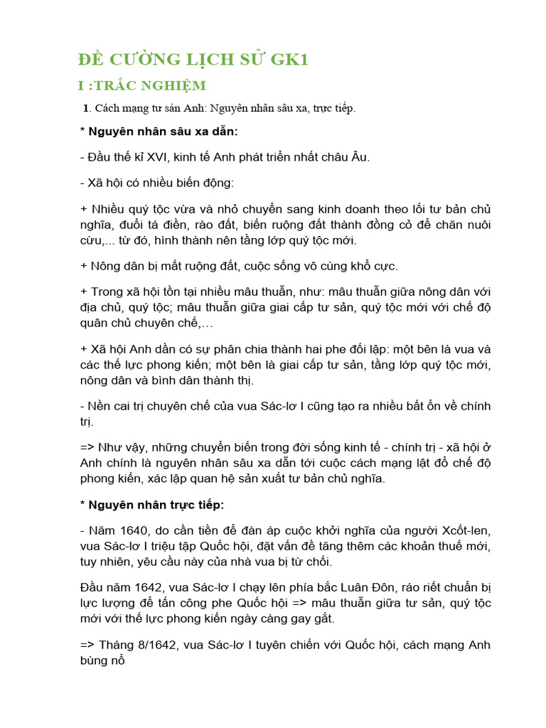 ĐỀ CƯỜNG LỊCH SỬ GK1 | PDF