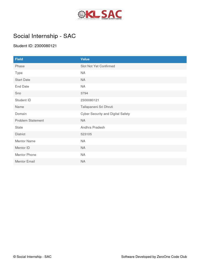 SAC Social Internship Student 2300080121 | PDF