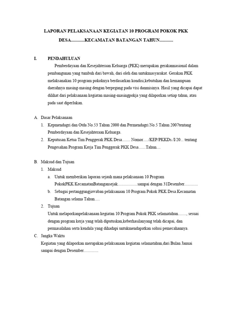 Contoh LAPORAN PELAKSANAAN KEGIATAN 10 PROGRAM POKOK PKK | PDF