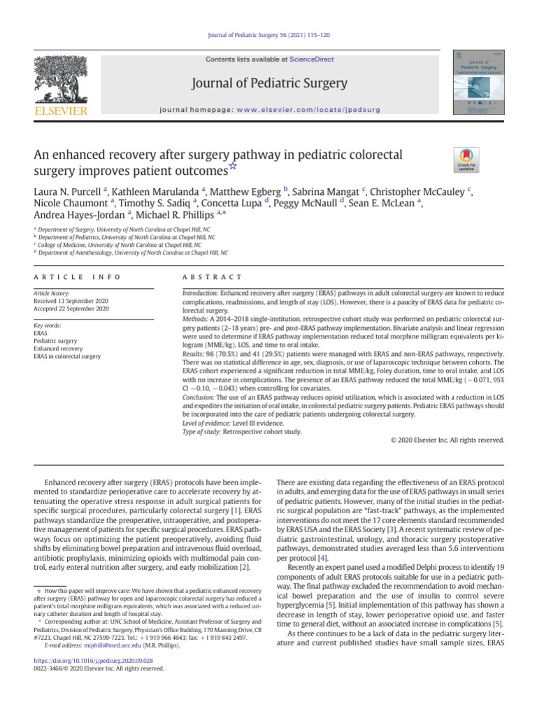 Purcell LN, Marulanda K, Egberg M, Et Al. An Enhanced Recovery After ...