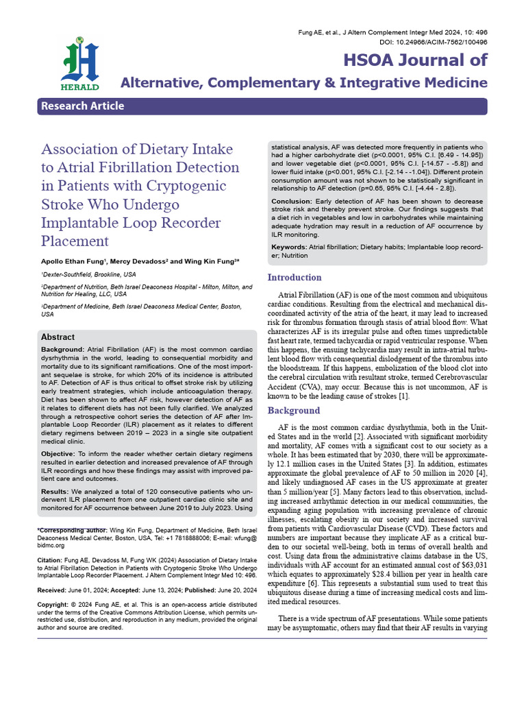 Association of Dietary Intake To Atrial Fibrillation Detection in ...
