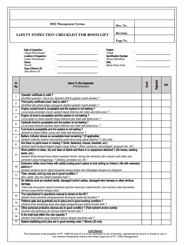VME-HSE-F-07-Safety Inspection Checklist For Boom Lift | PDF
