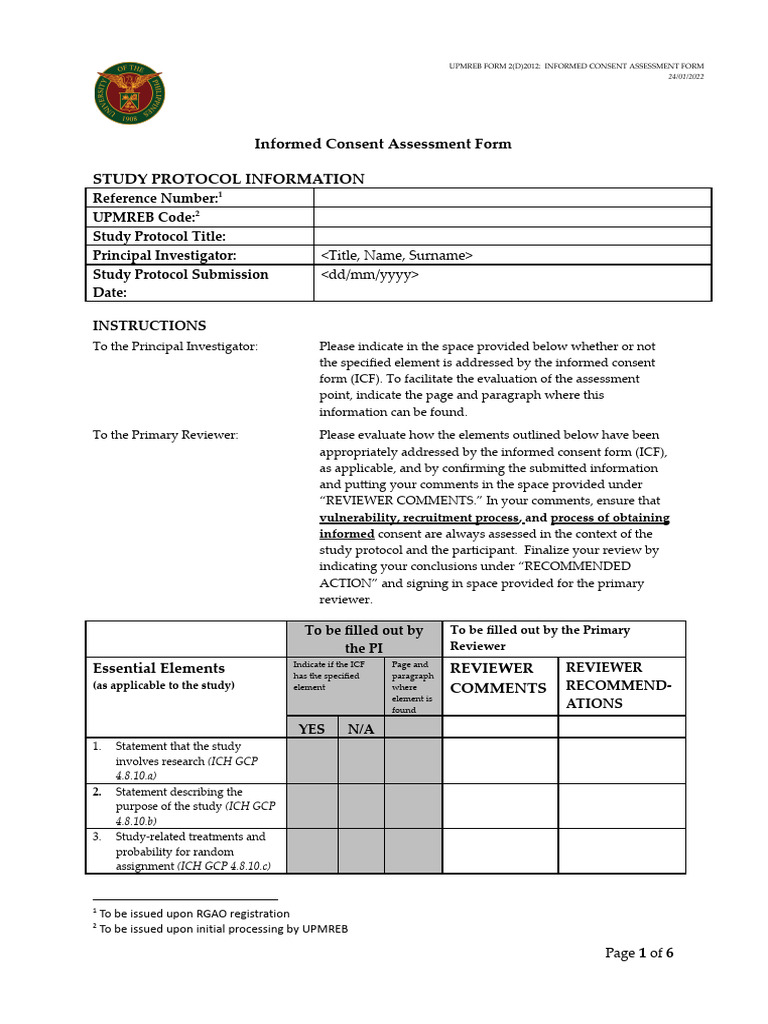 UPMREB FORM 2 (D) 2012 Informed Consent Assessment Form | PDF | Informed Consent | Consent