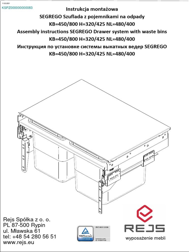 Instrukcja Monta Owa Segrego Szuflada Z Pojemnikami Na Odpady 45-80 L 480-400 | PDF