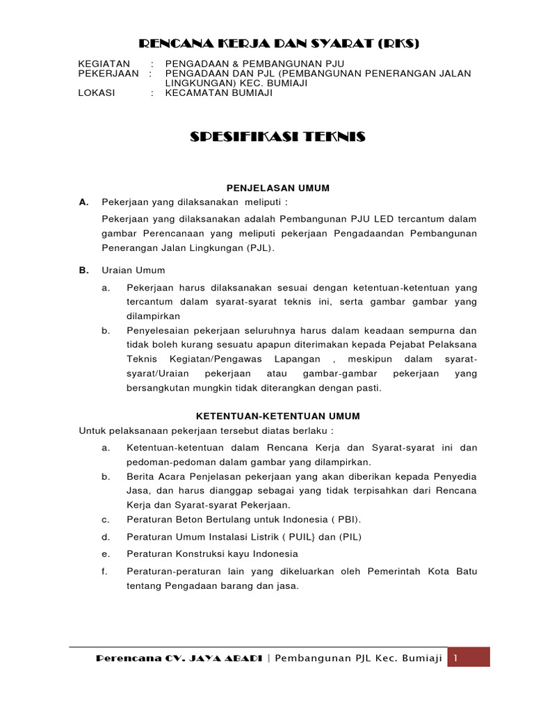 RKS Pengadaan Dan Pembangunan PJL Kec - Bumiaji | PDF