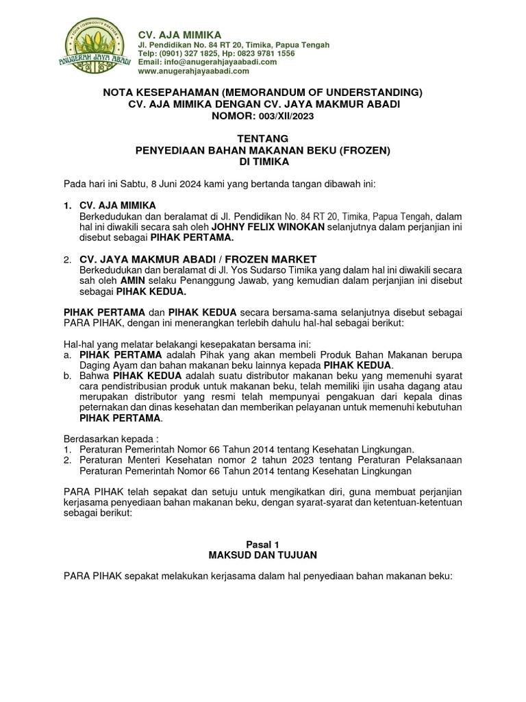 MoU CV. AJA MIMIKA Dengan CV. Jaya Makmur Abadi Rev1 | PDF