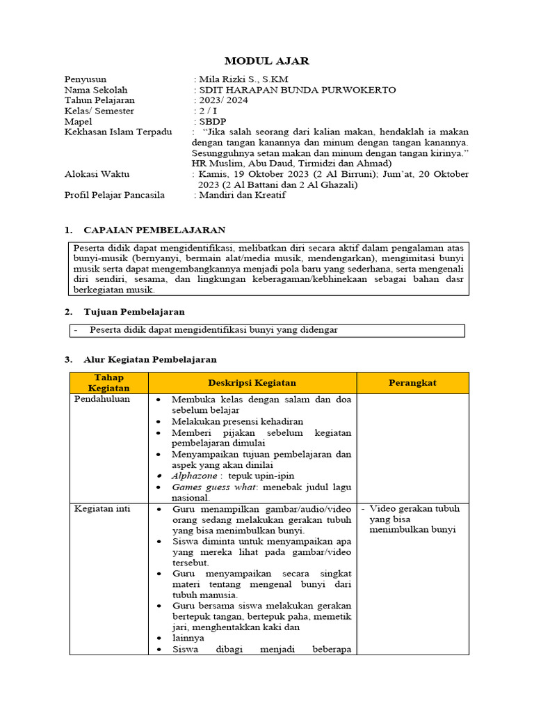 Modul Ajar SBDP Mengenal Bunyi | PDF