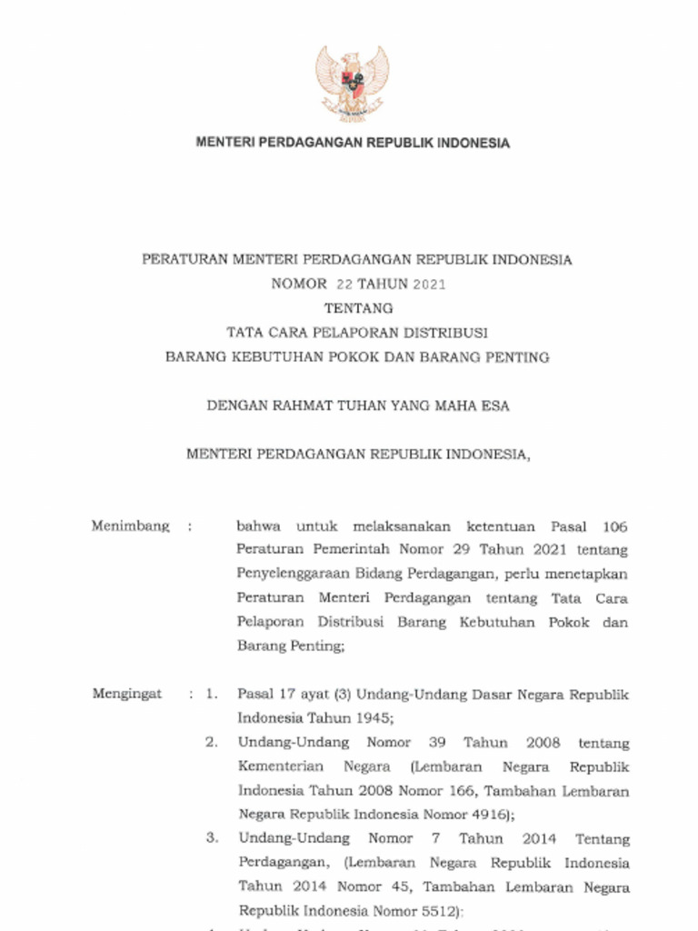 Permendag Nomor 22 Tahun 2021 | PDF