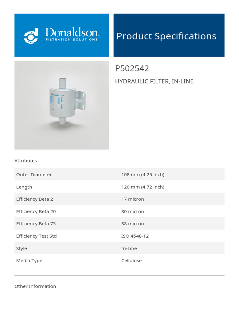 Product Specifications: Hydraulic Filter, In-Line | PDF