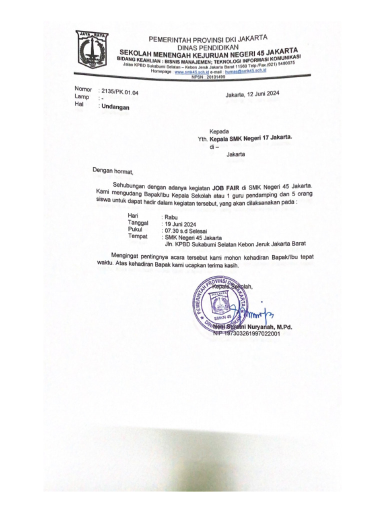 Surat Undangan Job Fair SMK Negeri 17 Jakarta | PDF