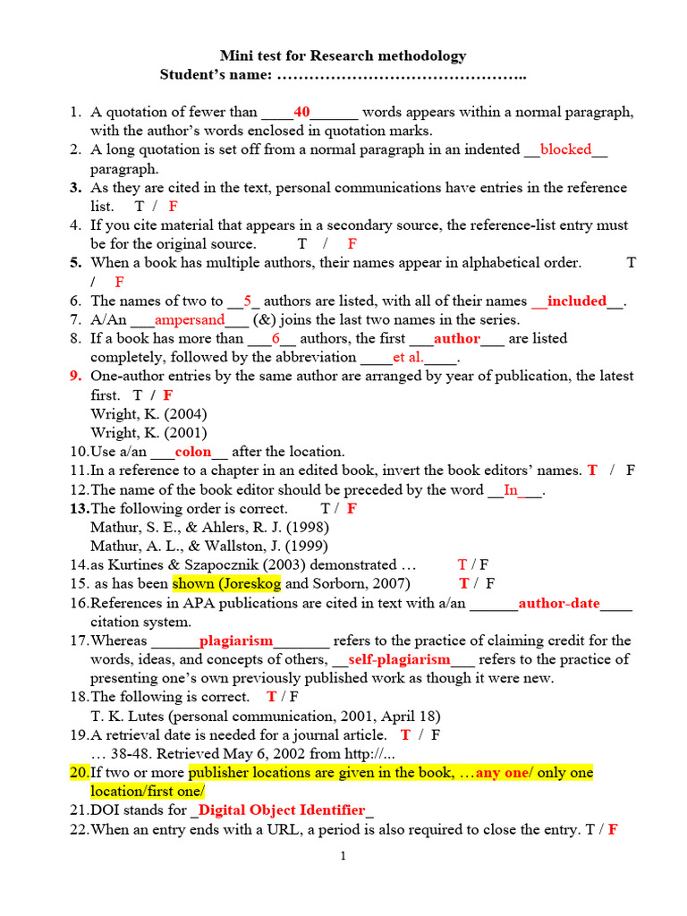 APA - Practice Test (Answer) Thơ | PDF | Digital Object Identifier ...