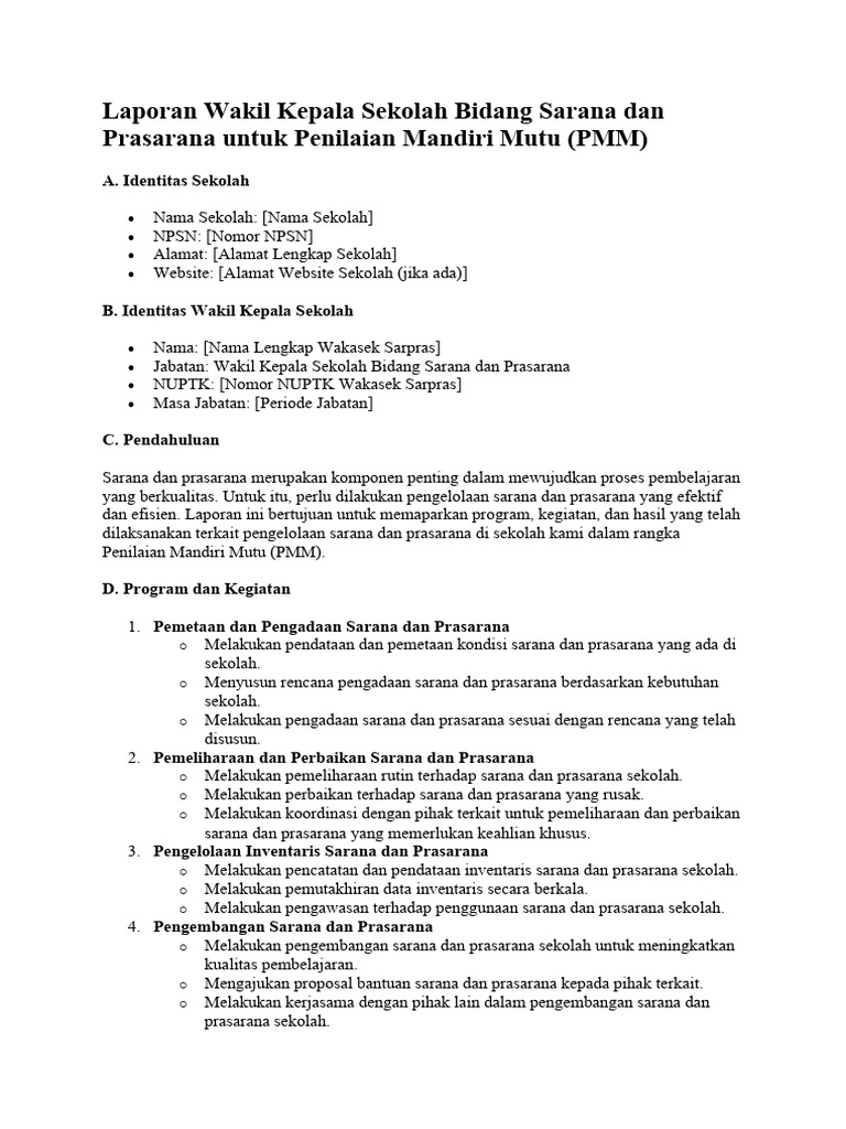 Laporan Wakil Kepala Sekolah Bidang Sarana Dan Prasarana Untuk Penilaian Mandiri Mutu | PDF ...