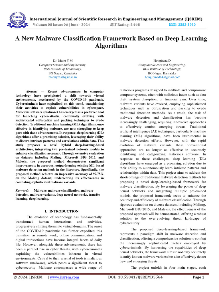 A New Malware Classification Framework Based On Deep Learning Algorithms | PDF | Deep Learning ...
