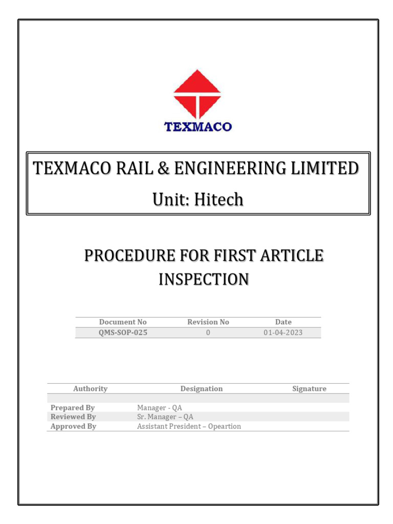 SOP-025 - R0 - Procedure For FAI | PDF | Quality Assurance ...