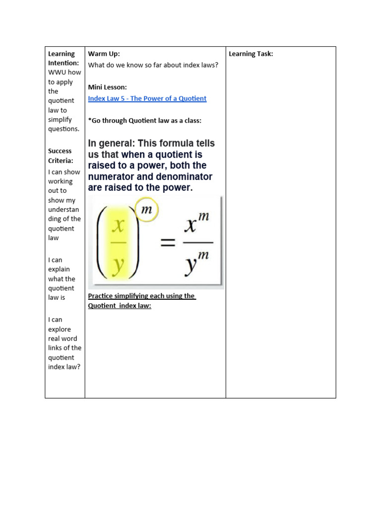 Simplifying with the Quotient Law | PDF