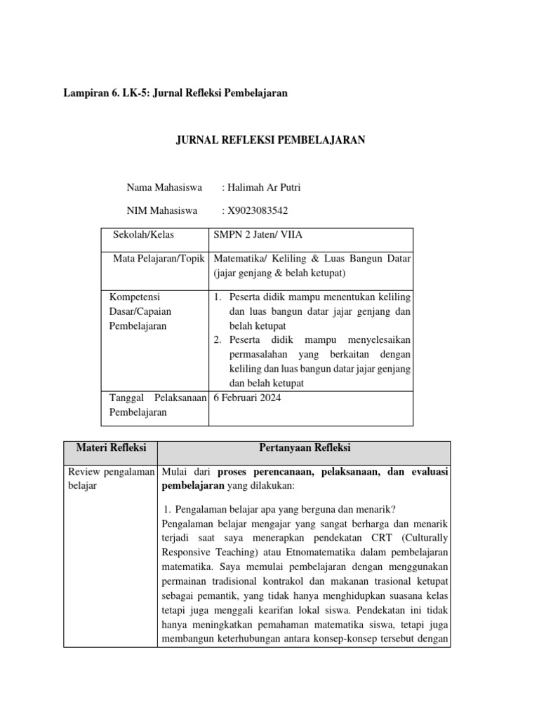 Halimah - Siklus 1 - Lampiran 6. LK-5 Contoh Jurnal Refleksi ...